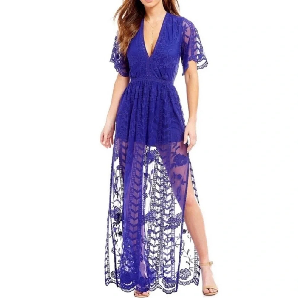 Gianni Bini Purple Lace Romper Maxi Overlay Dress Xs - Gem